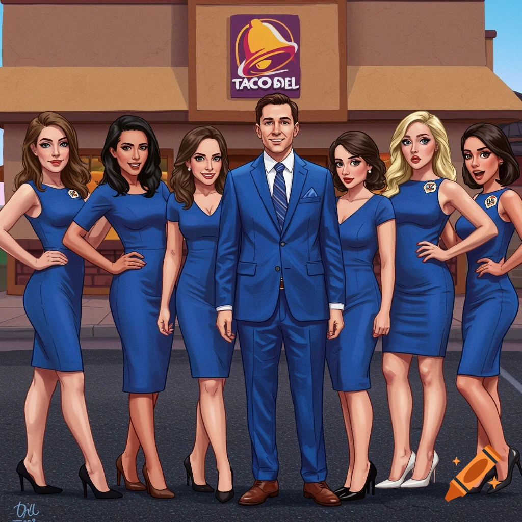 Seven people in blue outfits posing in front of a Taco Bell. on Craiyon