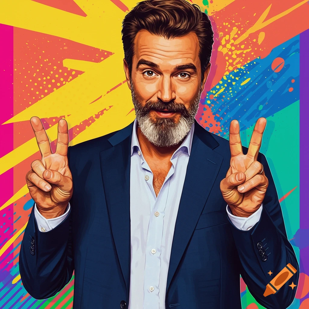 A man in a suit making peace signs in a colorful digital art style. on ...