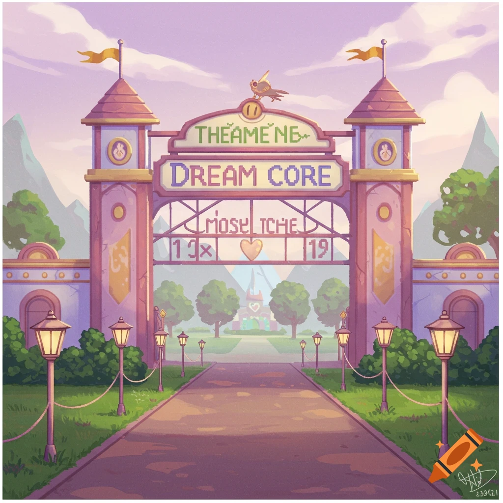 Pixelated Roblox theme park entrance inspired by Dreamcore, cute and eerie. on Craiyon
