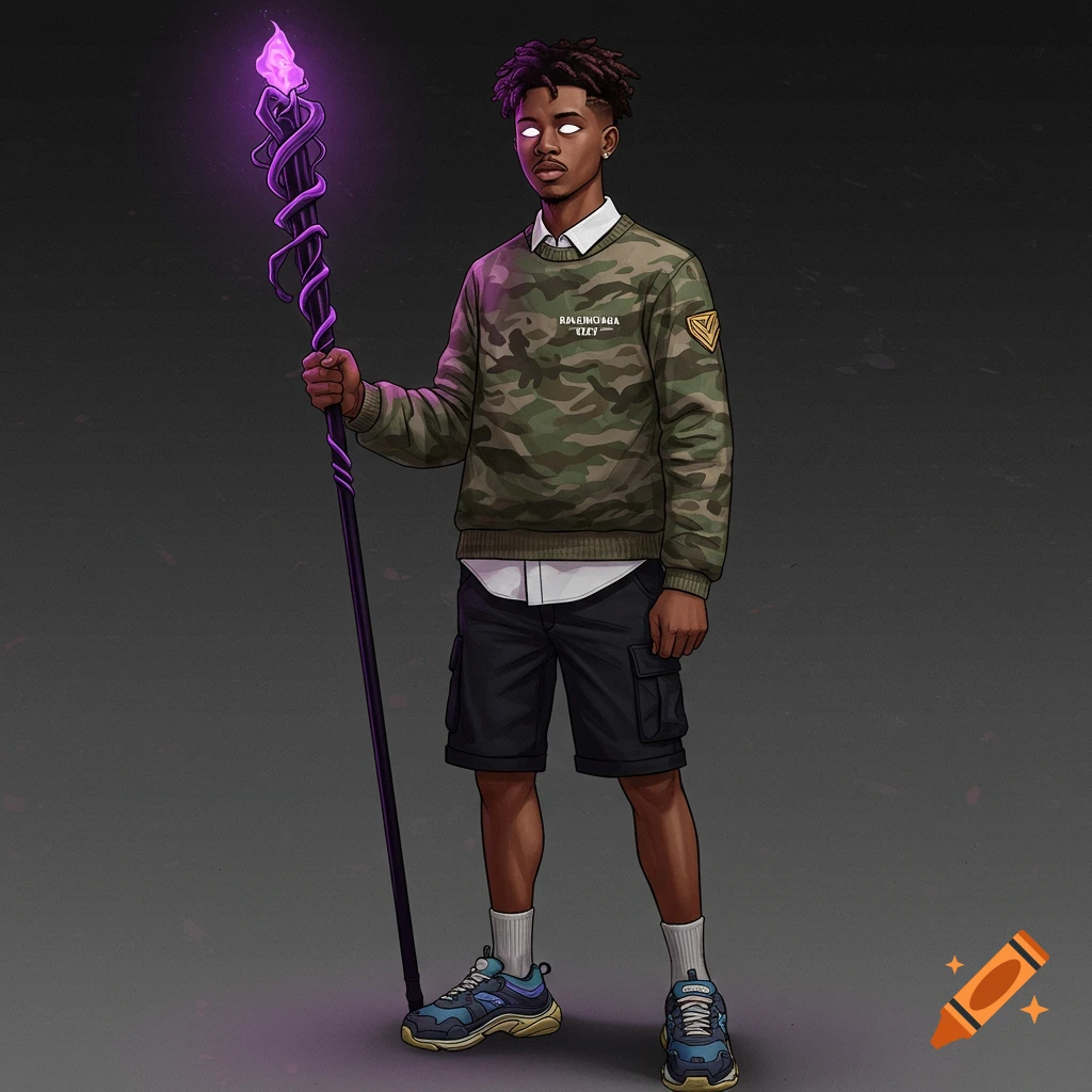 Magical streetwear character with glowing staff and Balenciaga shoes on ...