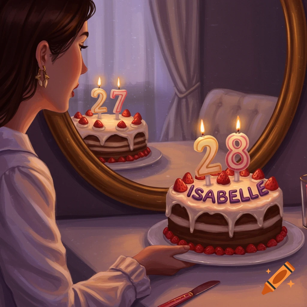 A woman looks at a birthday cake with 28 candles; its reflection shows ...