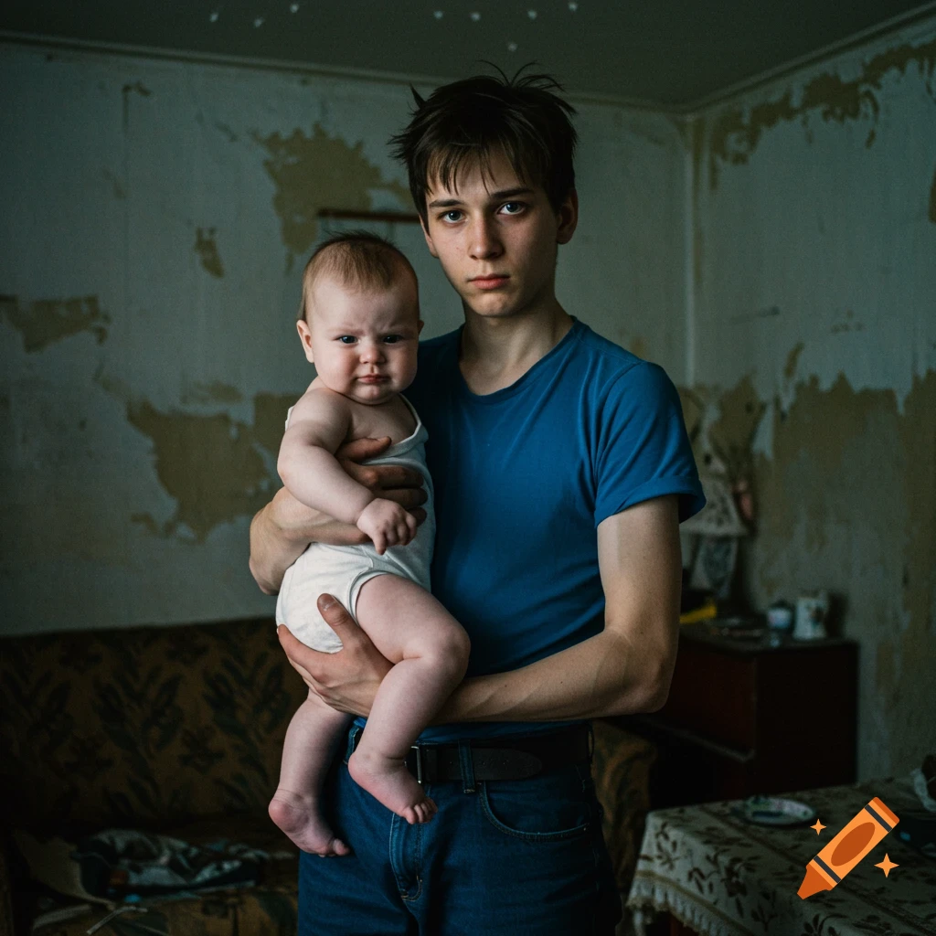 Russian teenage boy holding frowning baby in Soviet apartment close up ...