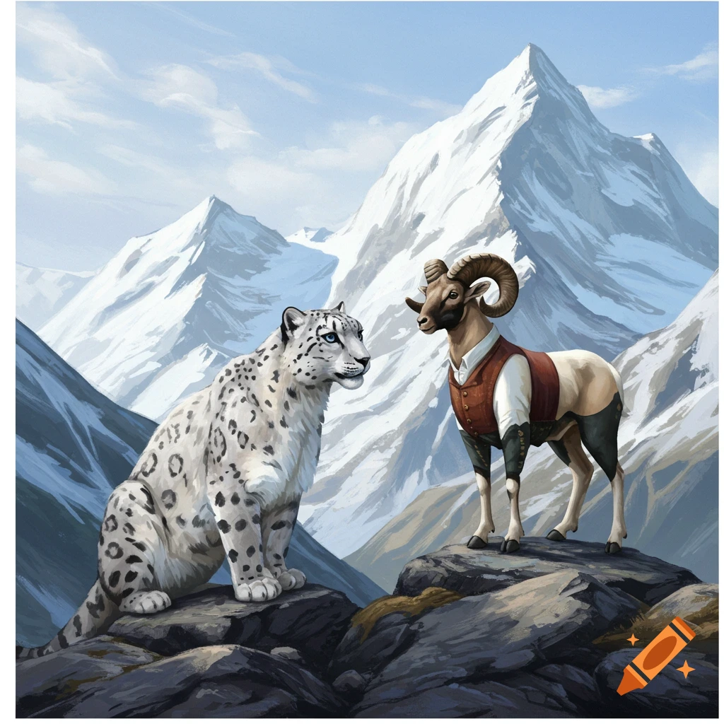 Snow leopard and urial in mountains on Craiyon