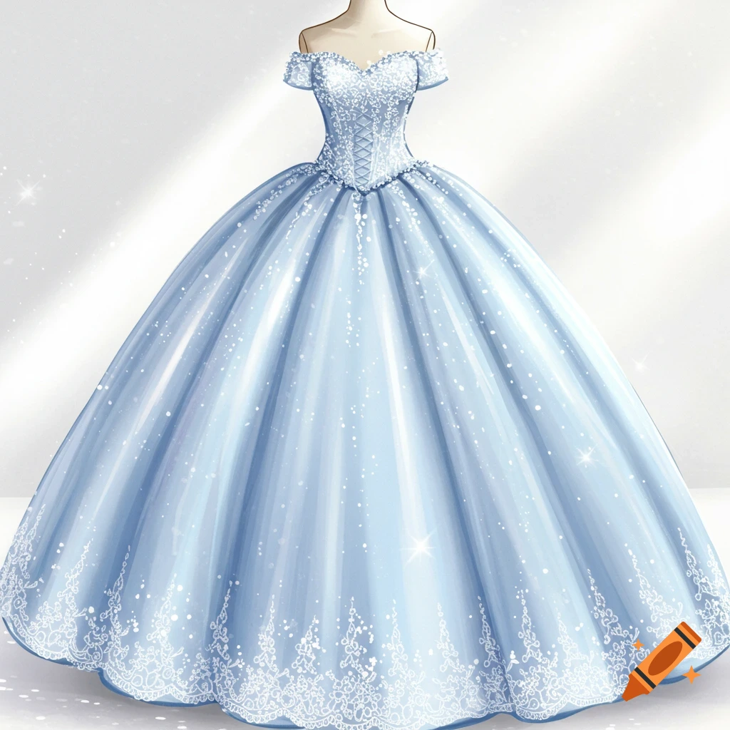 Ice blue ballgown wedding dress with Basque waist corset and white lace on Craiyon