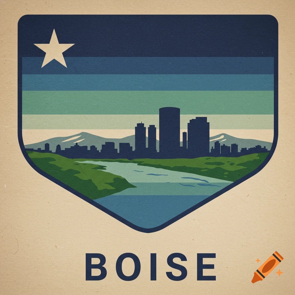 Stylized badge for Boise, Idaho, with skyline, river, mountains, and ...