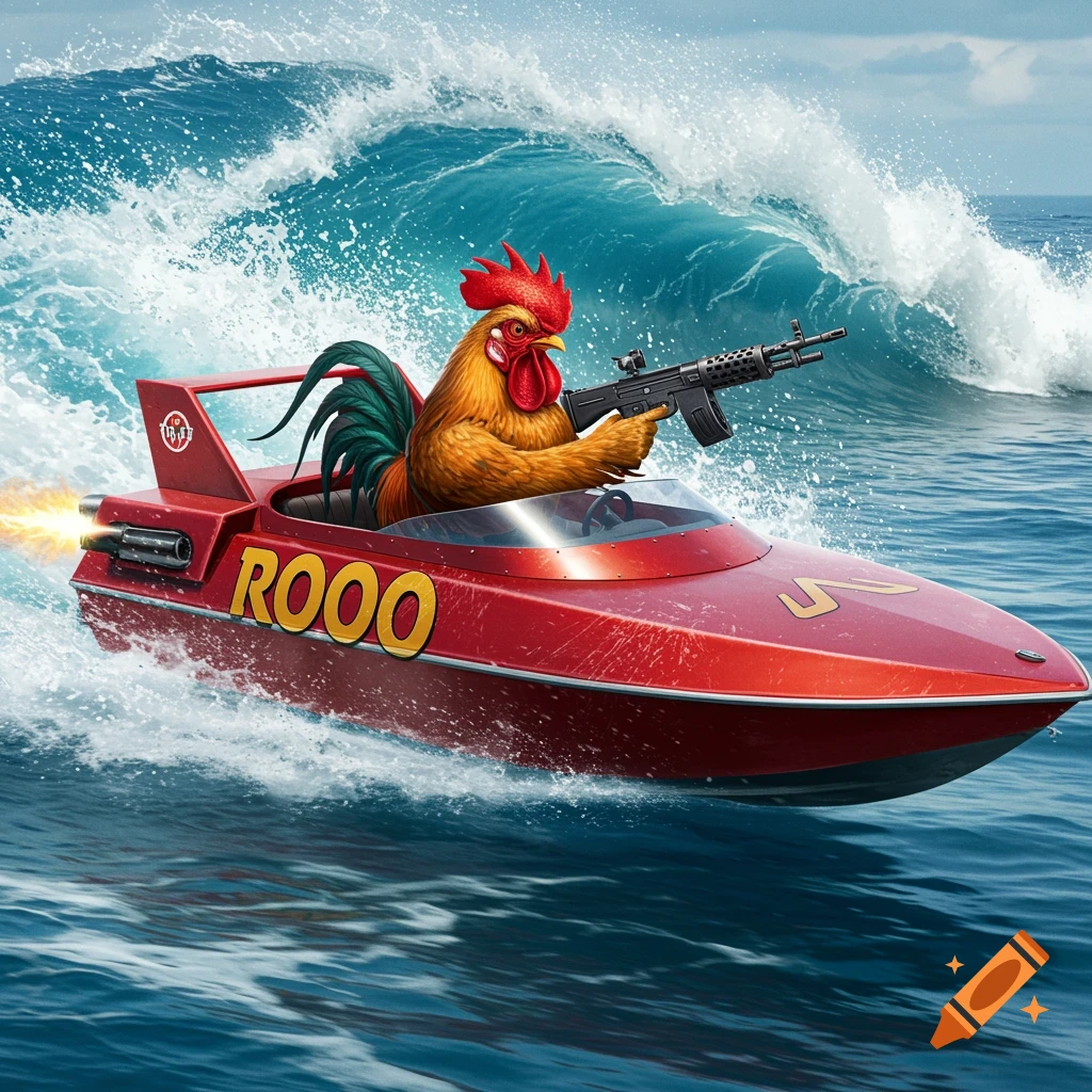 Cartoon rooster driving a speed boat and shooting a machine gun with ...