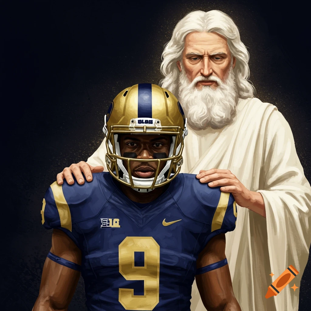 A football player in a navy and gold uniform stands with a figure ...