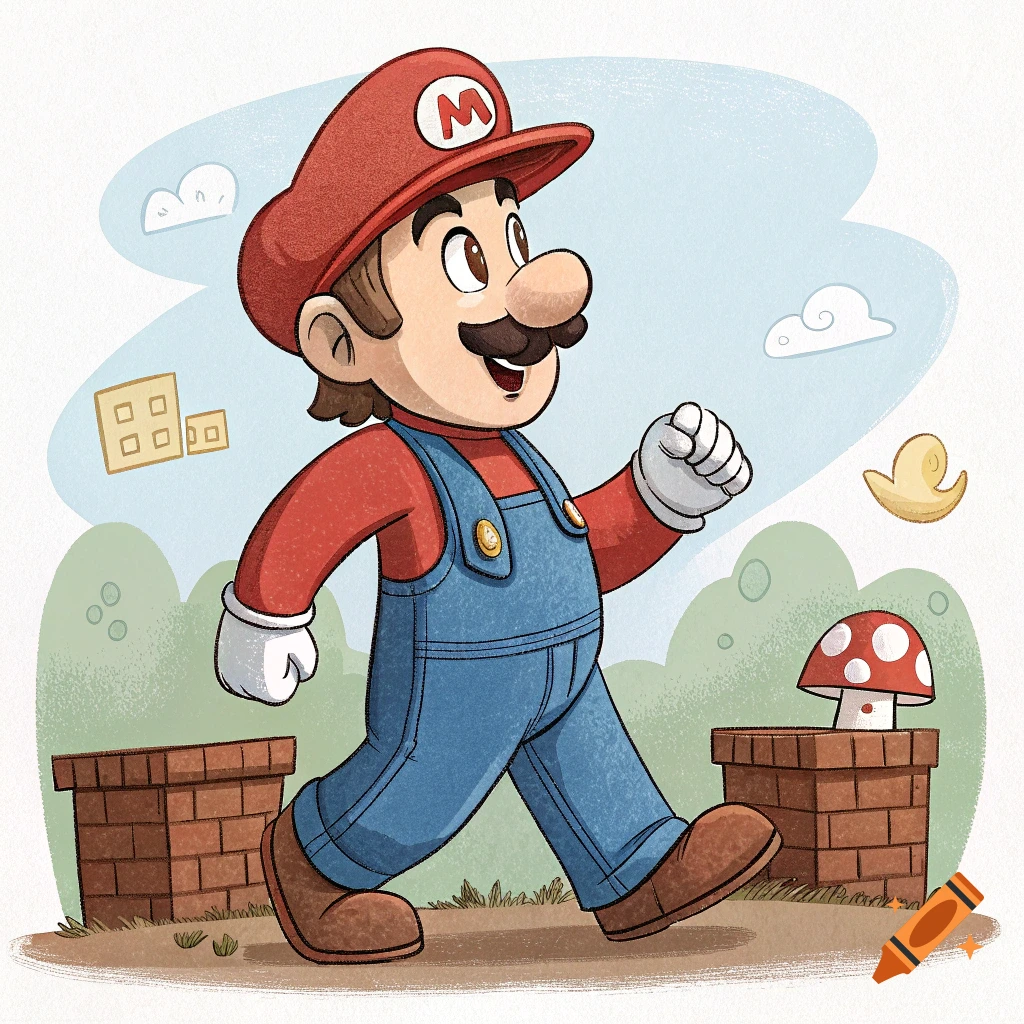 Cartoon illustration of Mario walking in a landscape with hills and a ...