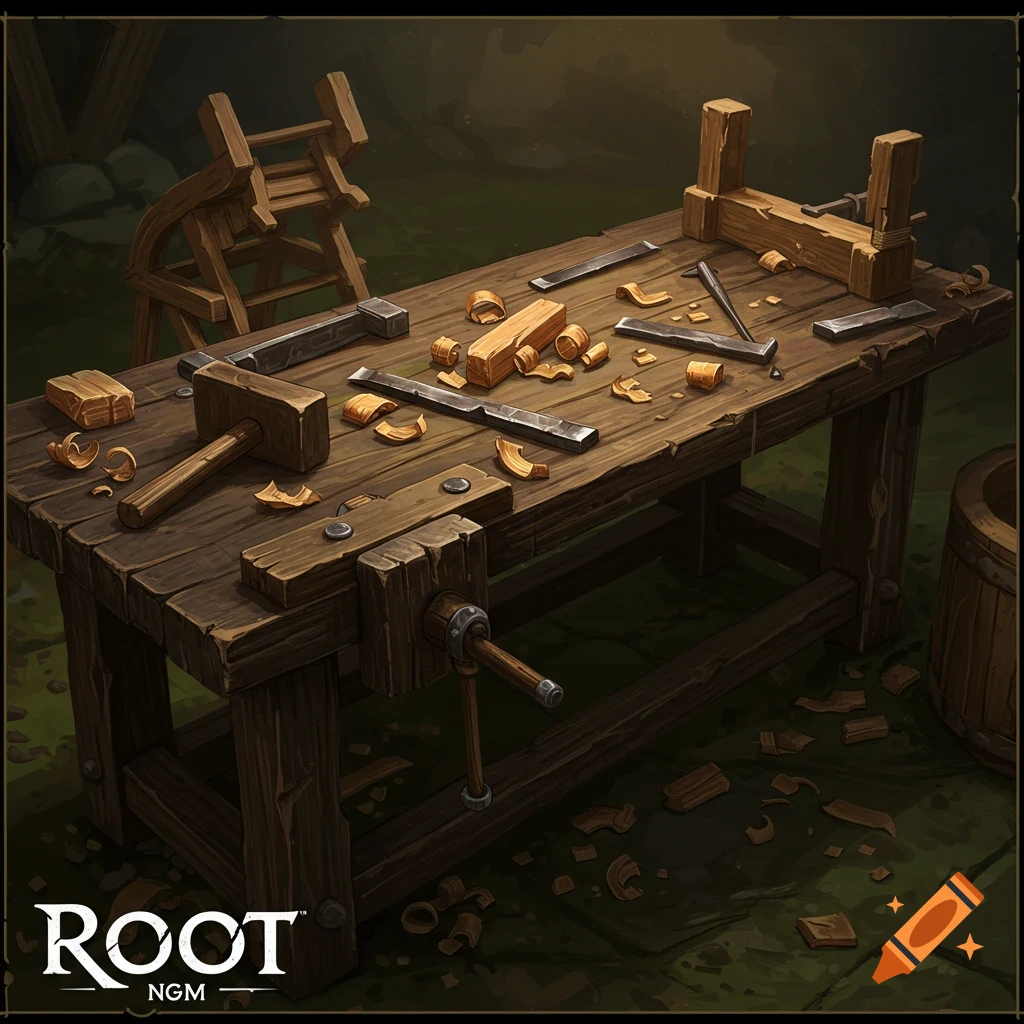 A detailed fantasy illustration of a messy wooden workbench covered in ...