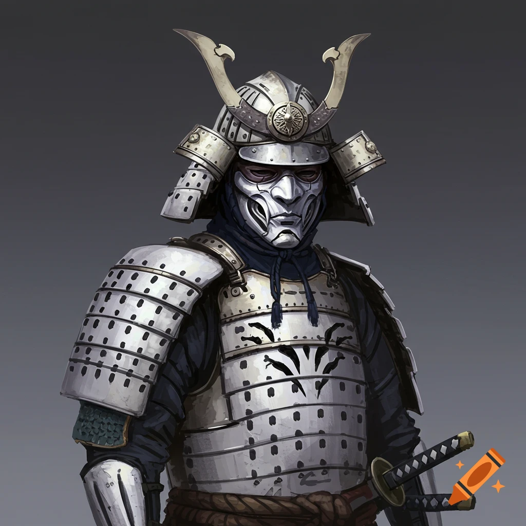 A samurai warrior in elaborate white and silver armor with a mask and ...