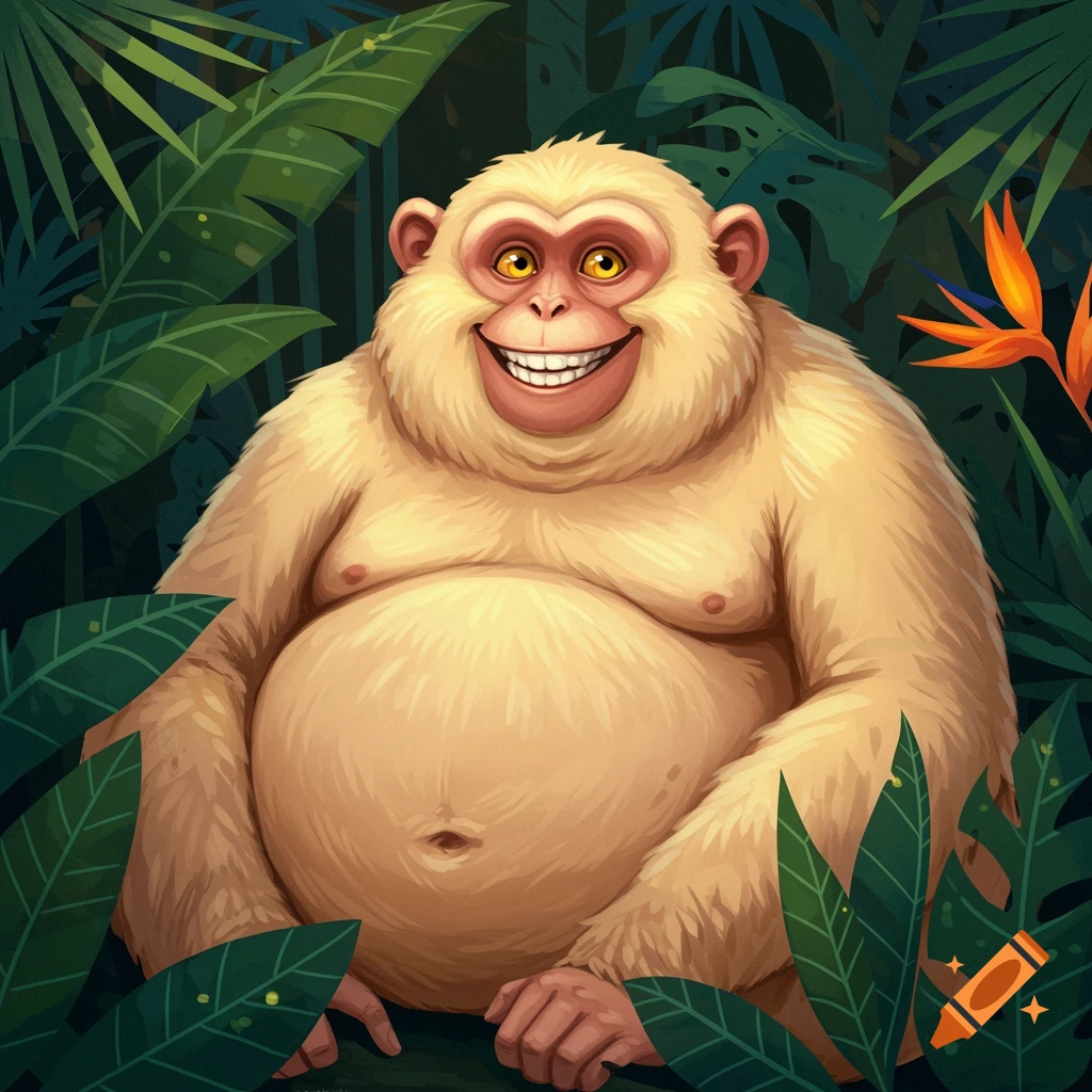 Illustration of a grinning overweight monkey sitting in a vibrant ...