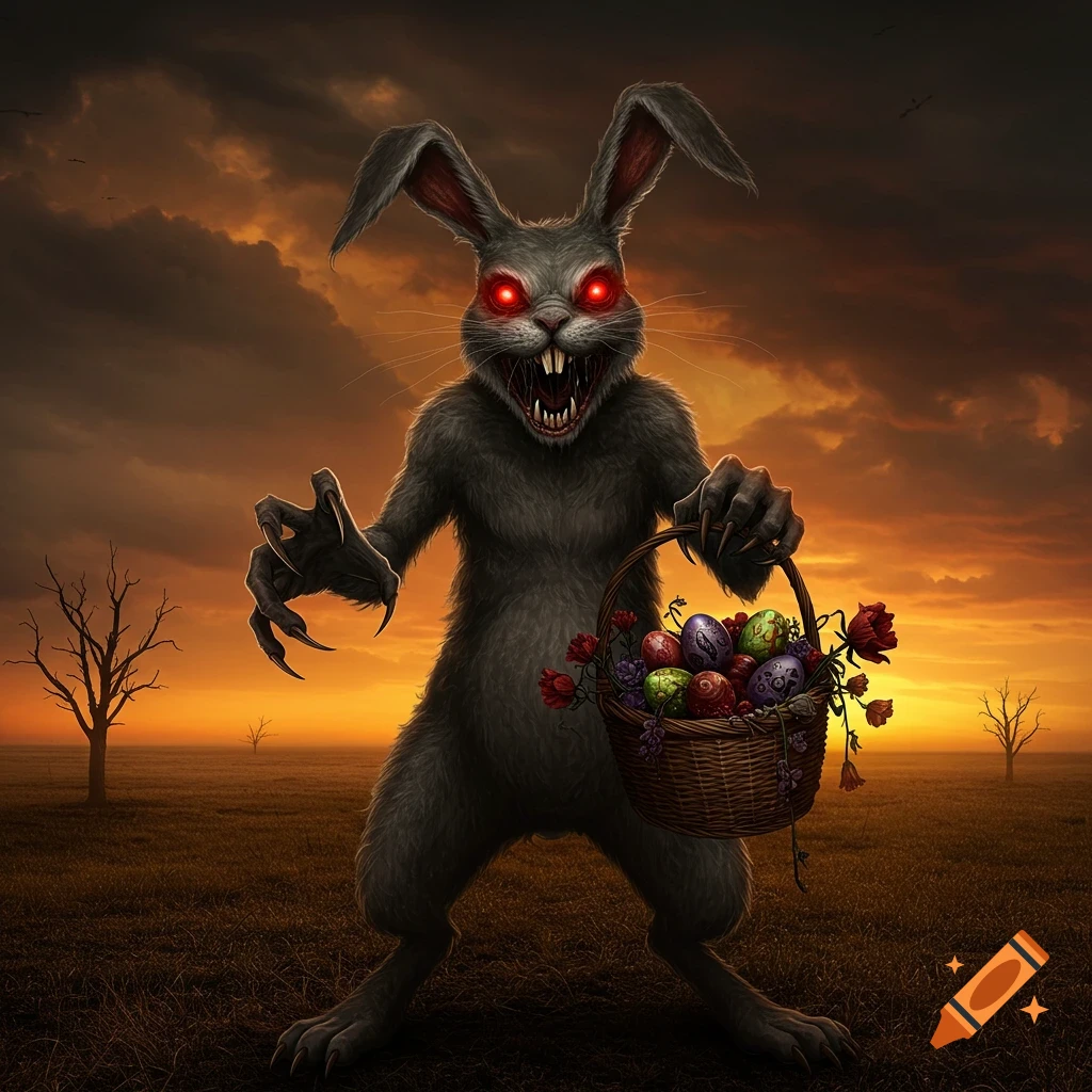 Terrifying Easter bunny with basket on the prairie on Craiyon