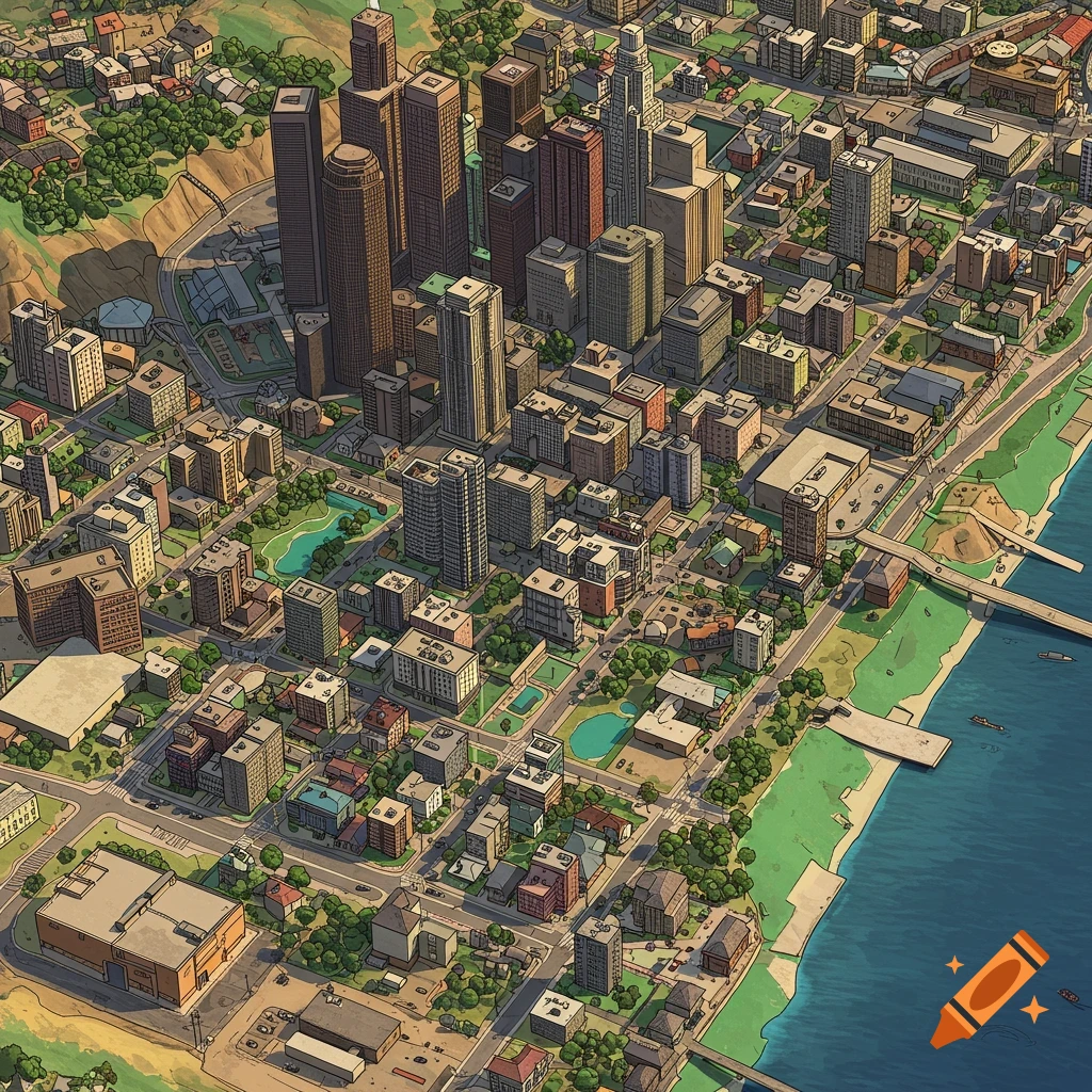 Isometric illustration of a city with skyscrapers, roads, trees, and a ...