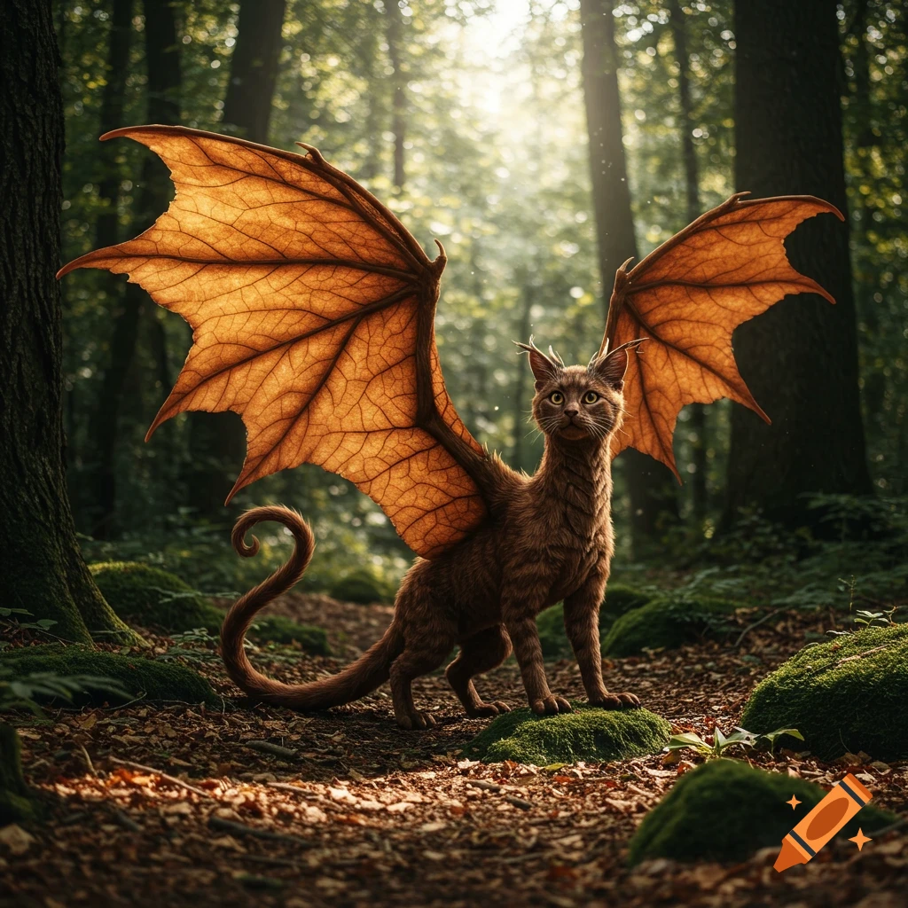 Mythical brown cat-dragon with leaf-like wings in the woods on Craiyon