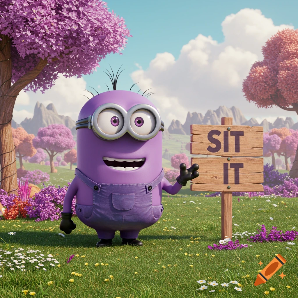 A purple minion stands in a field with pink trees and points at a ...
