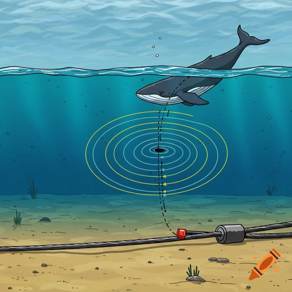 Cartoon illustration of a whale above the ocean floor and a cable ...