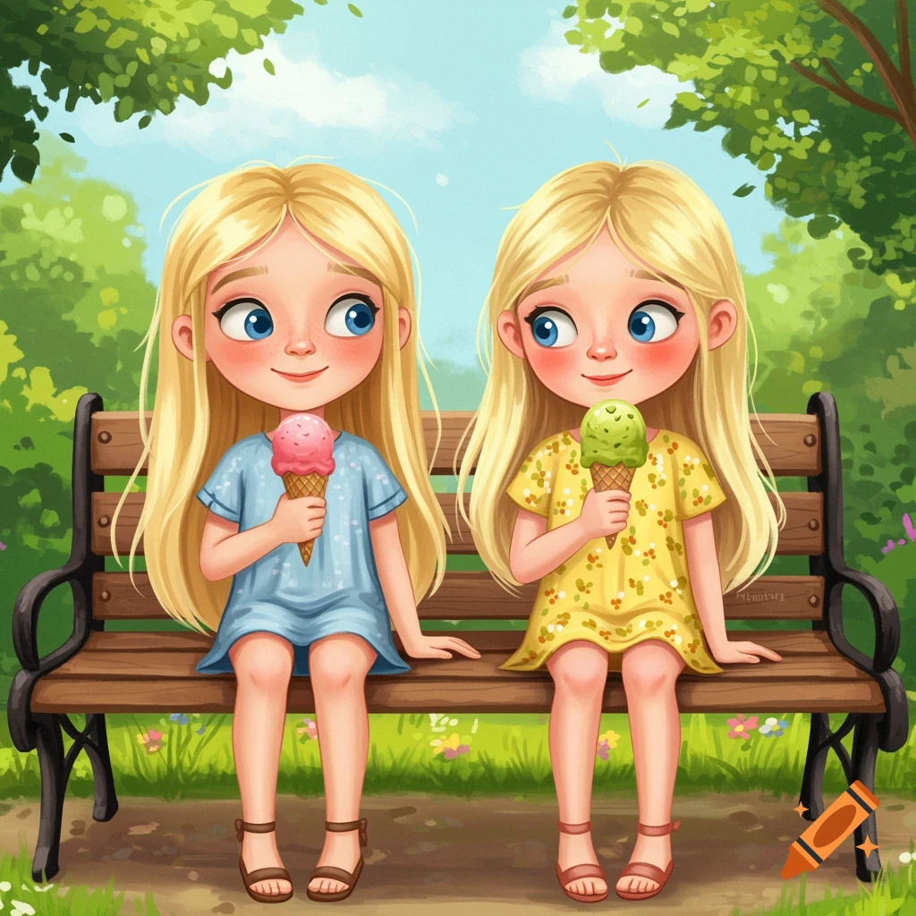 Two girls sitting on a park bench eating ice cream. on Craiyon