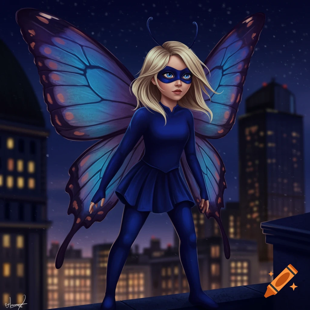 A girl in a blue superhero costume with butterfly wings on a rooftop at ...