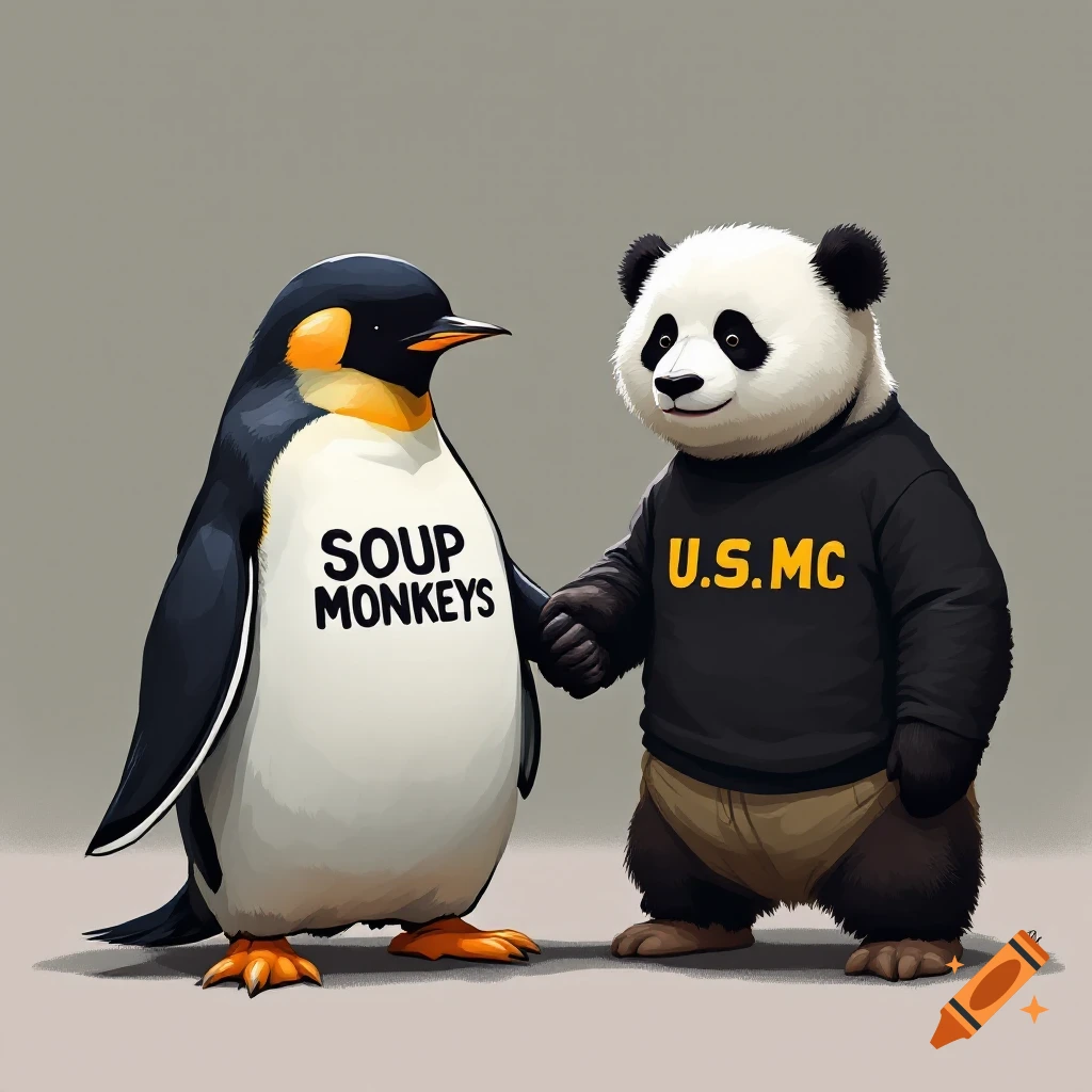 A cartoon penguin wearing a shirt that says "SOUP MONKEYS" and a panda ...
