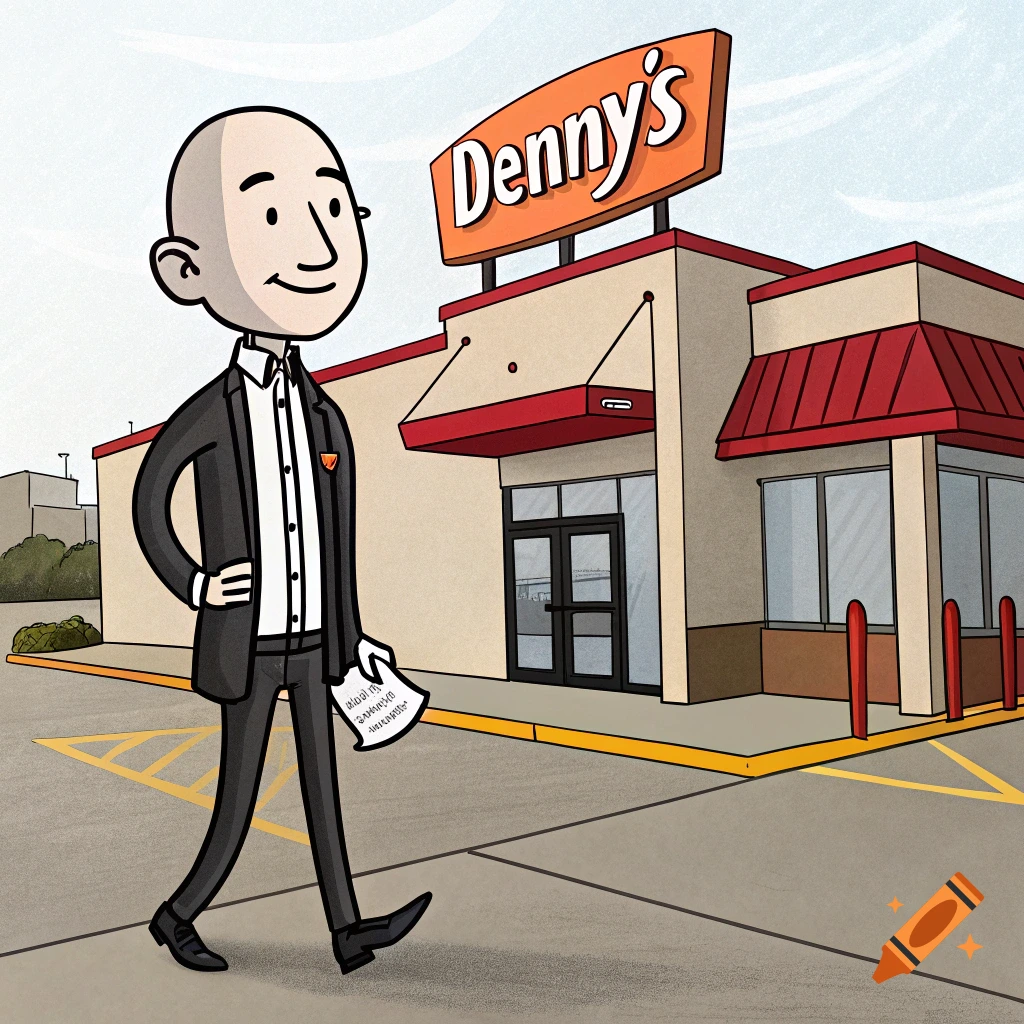 Jeff Bezos stick figure in Microsoft Paint style in front of Denny's on ...