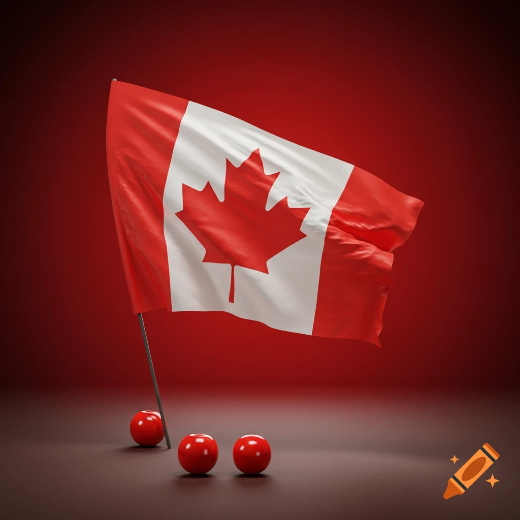 A Canadian flag waves over three red balls against a red background. on ...