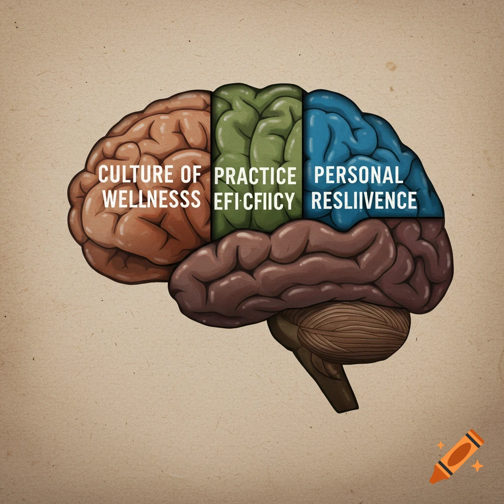 Brain with sections labeled Culture of Wellness, Practice Efficiency ...