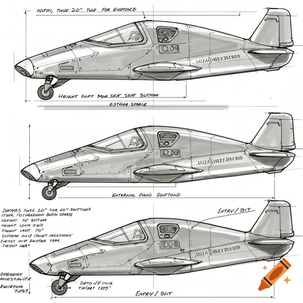 Technical sketch of experimental eVTOL design with dimensions. on Craiyon