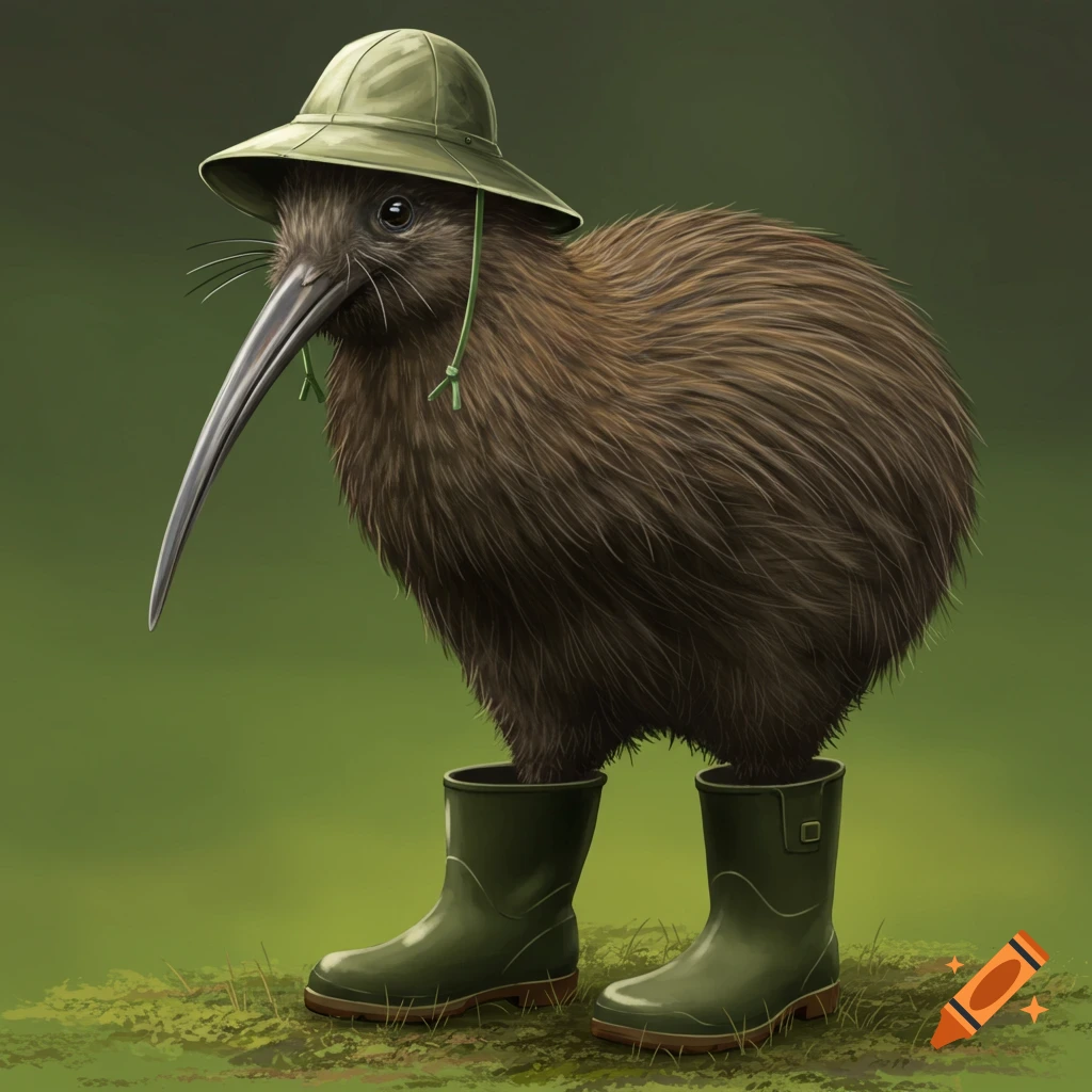 Kiwi bird with rain boots as legs and a rain hat, realistic style on ...
