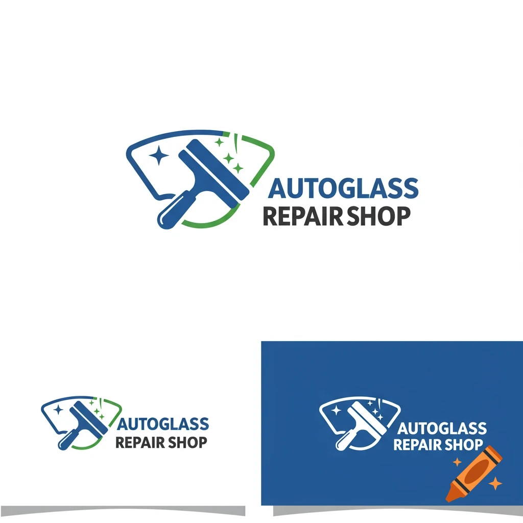 Logo design for AutoGlass Repair Shop featuring a squeegee cleaning a ...