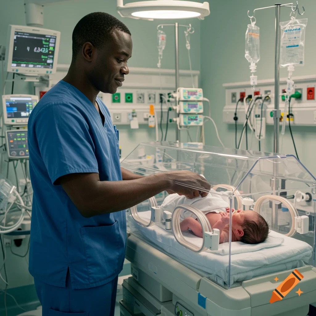 Black man placing newborn baby in incubator in NICU on Craiyon