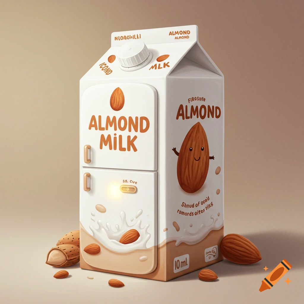 A giant almond milk carton styled as a fridge, with almonds and ...