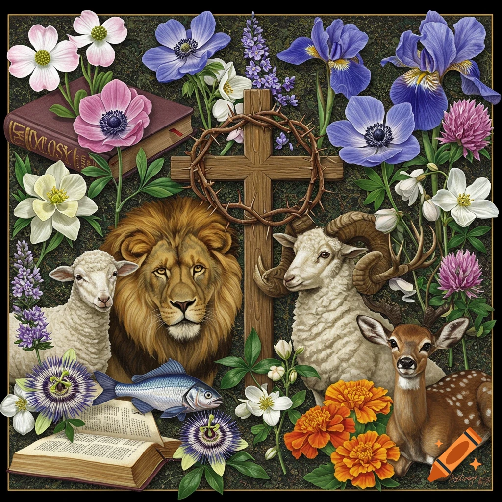 Collage of a cross, animals, flowers, and religious symbols. on Craiyon