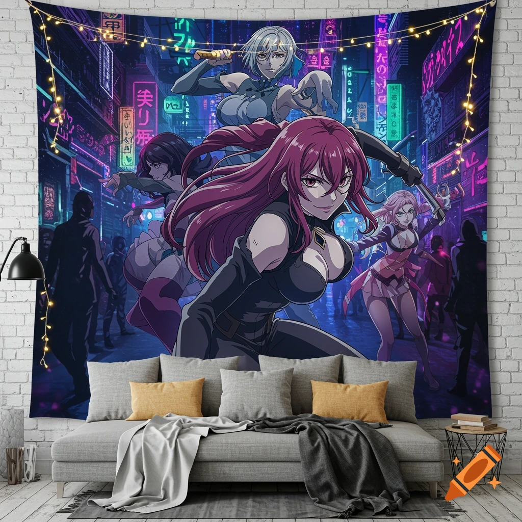 Mezzo Forte anime tapestry featuring dynamic female protagonists in a ...