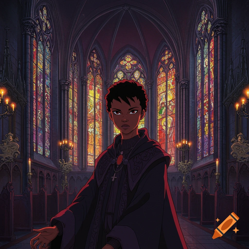80s anime style African American character in dark fantasy gothic art ...