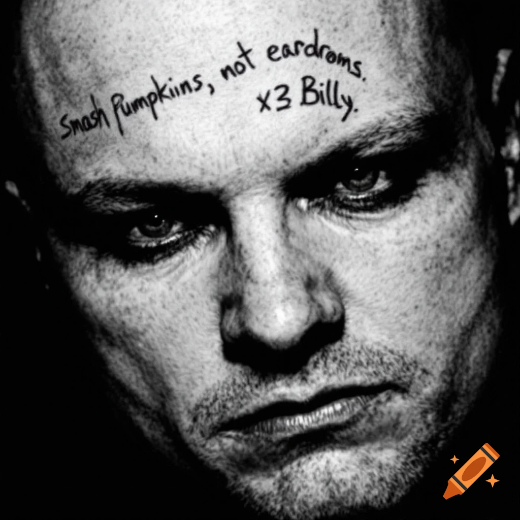 Billy Corgan of Smashing Pumpkins with forehead tattoo on Craiyon
