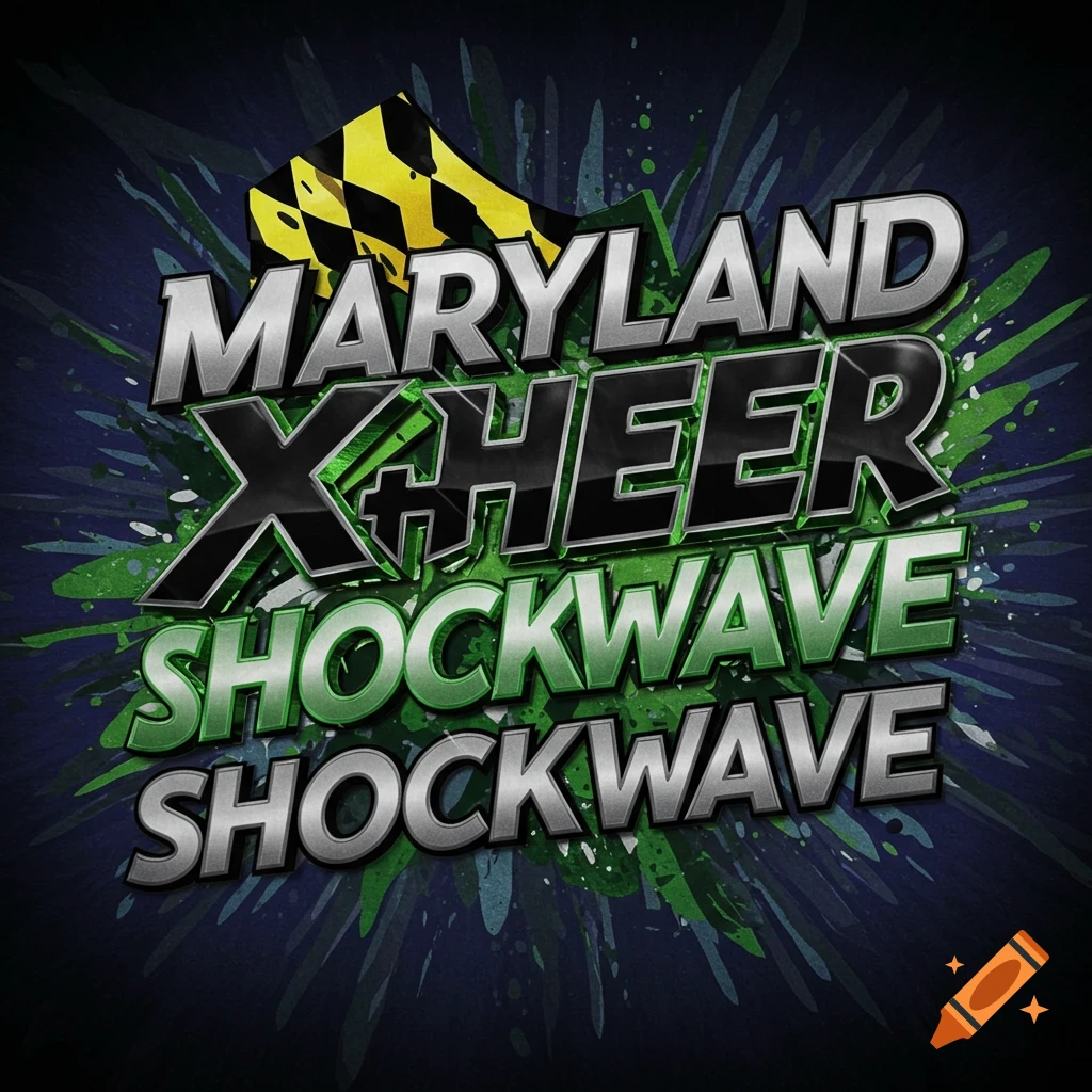 Maryland Cheer Xplosion Shockwave text in black, silver, and green on ...