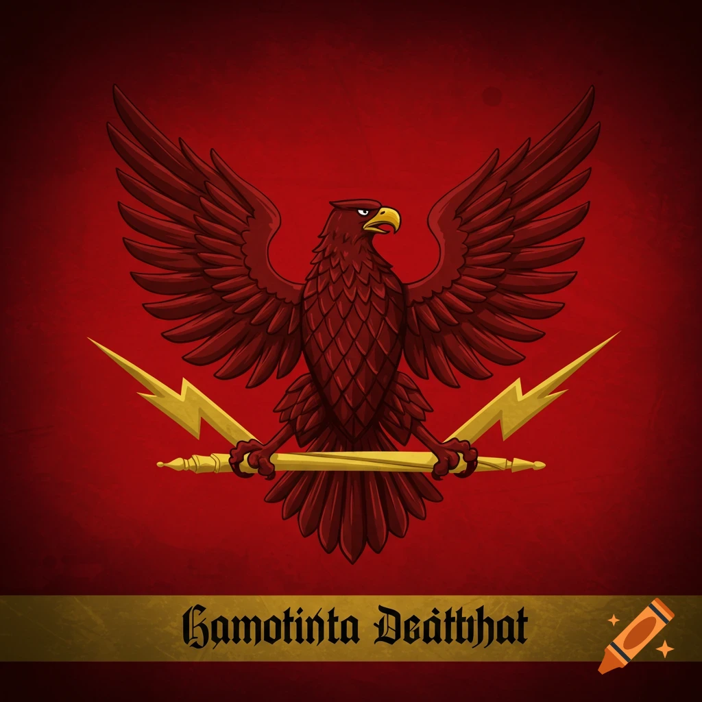 Red eagle emblem holding lightning bolts and staff on a red background ...
