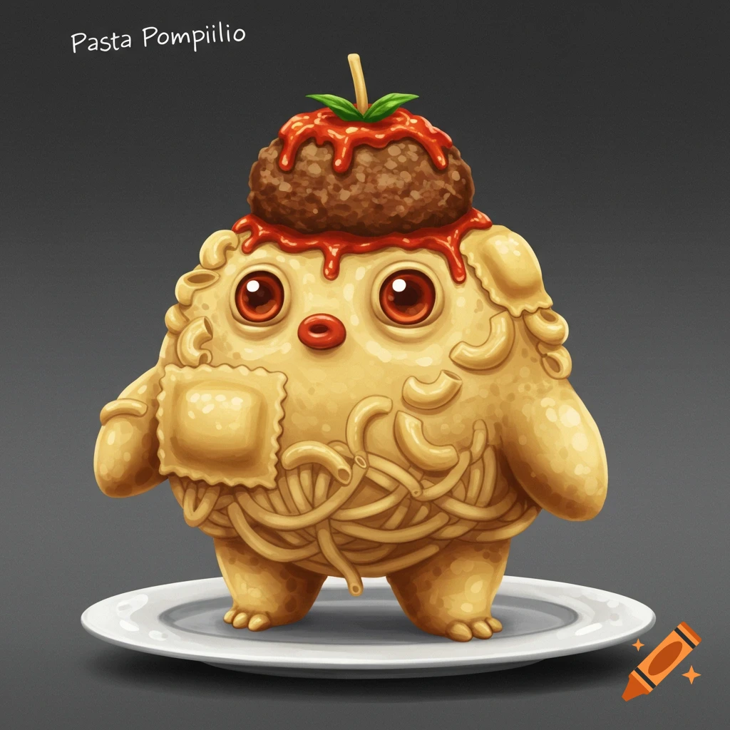 Pasta Pompilio, a doughy pasta creature with a meatball head and tomato ...
