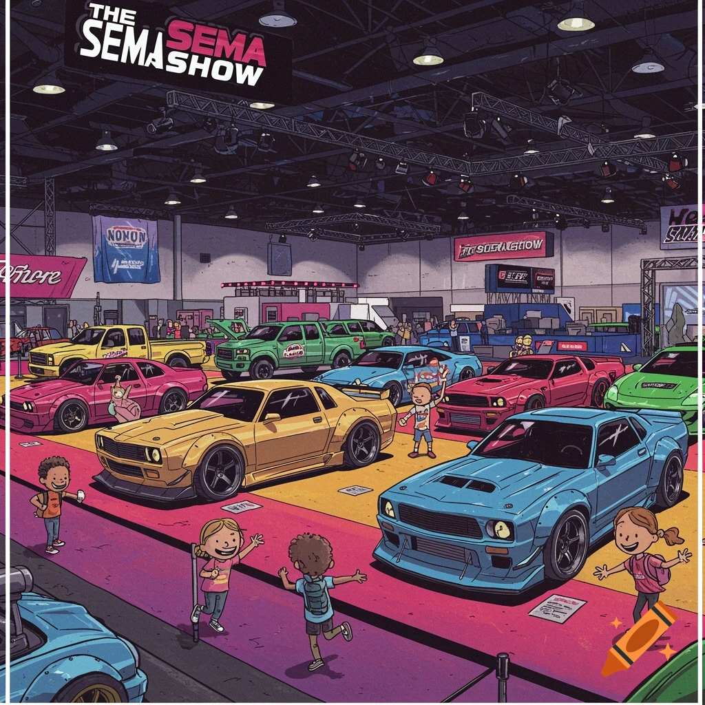 A vibrant, cartoon-style illustration of a car show with colorful ...
