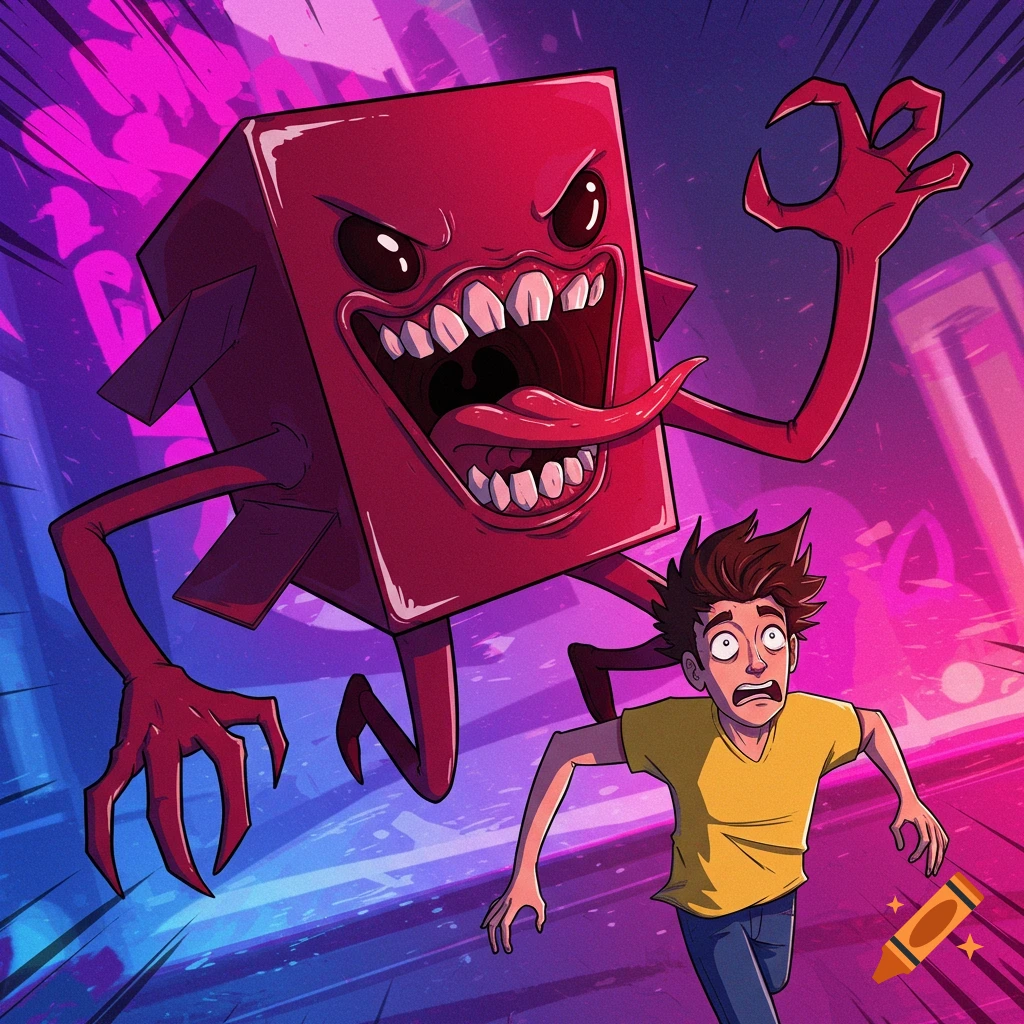 A red cartoon monster with sharp teeth and long arms chases a person ...