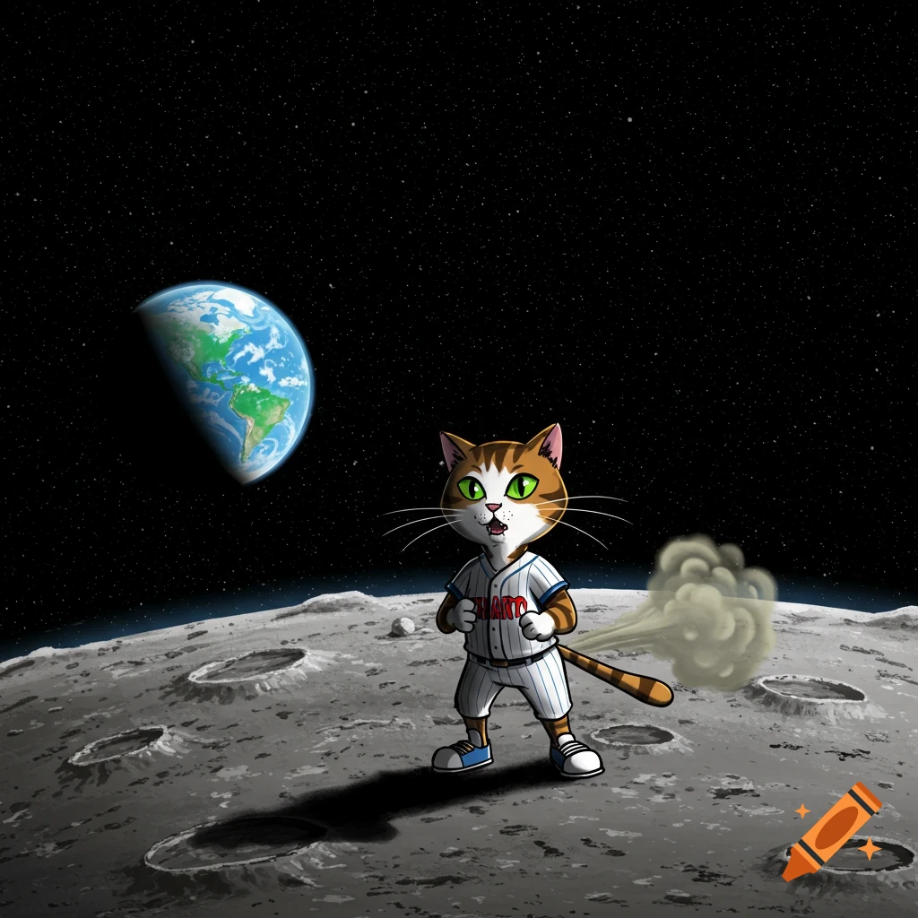 Cartoon cat baseball player farts on the moon with Earth in the ...