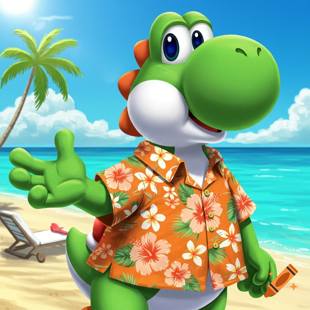 Yoshi in an orange Hawaiian shirt stands on a beach pointing. on Craiyon