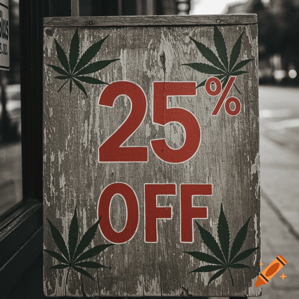 Weathered 25% OFF sign with marijuana leaves in vintage photo style. on ...