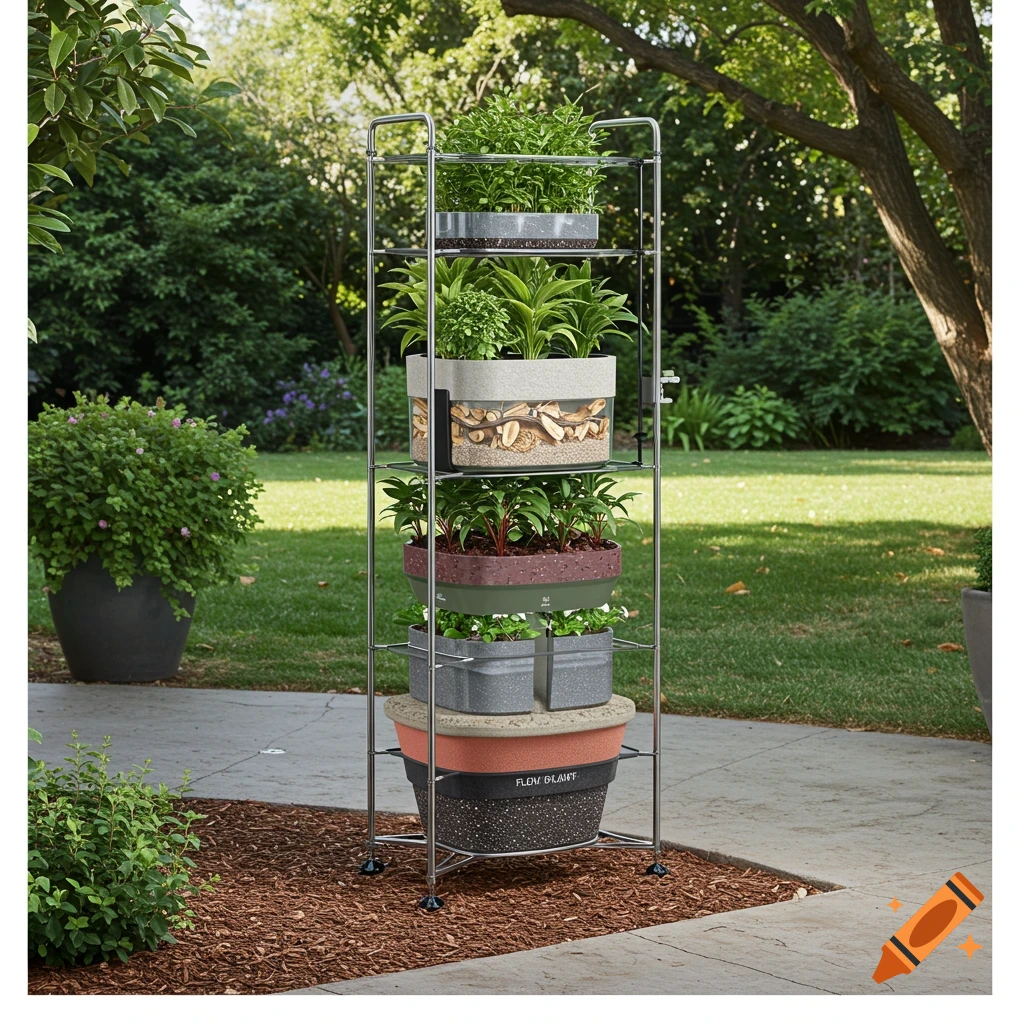 Cross-section illustration of a 3ft flow-through planter outdoors on Craiyon