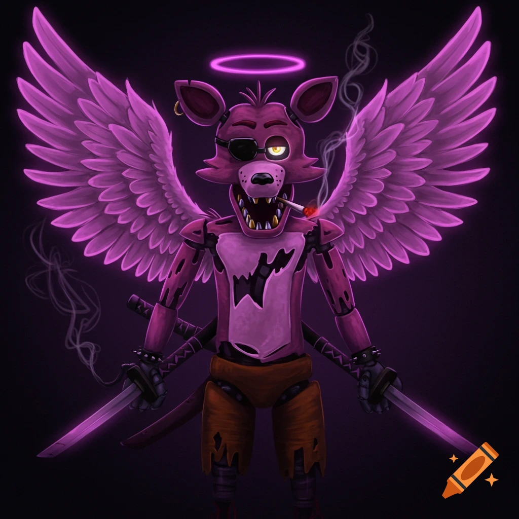 Evil, glowing purple Foxy the Pirate with angel wing, devil wing ...