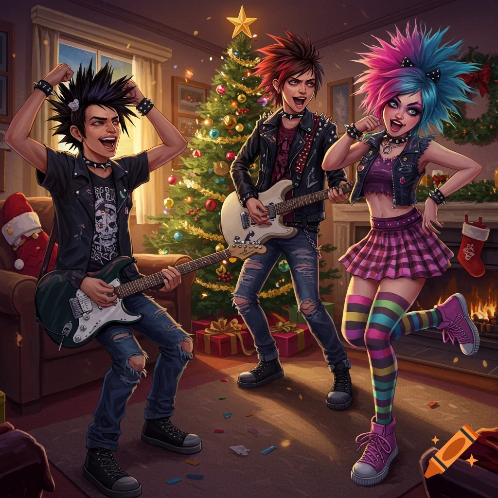 Three punk/emo friends play guitars and dance by a Christmas tree. on ...
