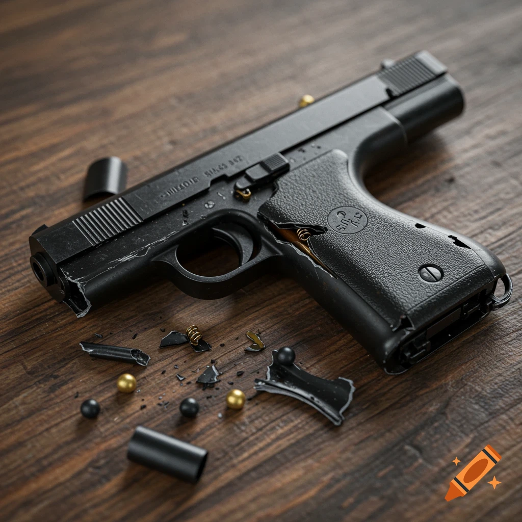 Close-up photo of a broken black BB gun and scattered parts on a wooden surface. on Craiyon