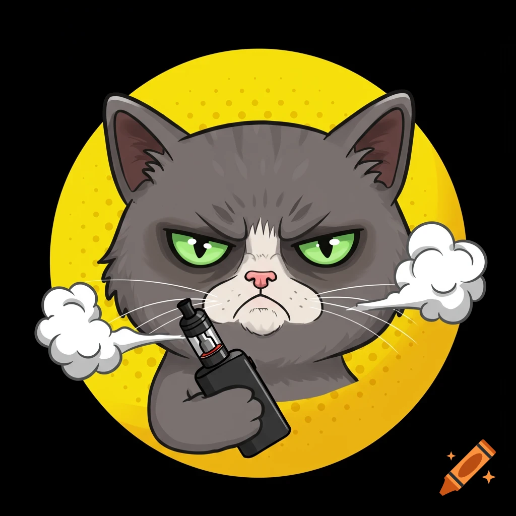 Cartoon illustration of a grumpy grey cat holding a black vape and ...