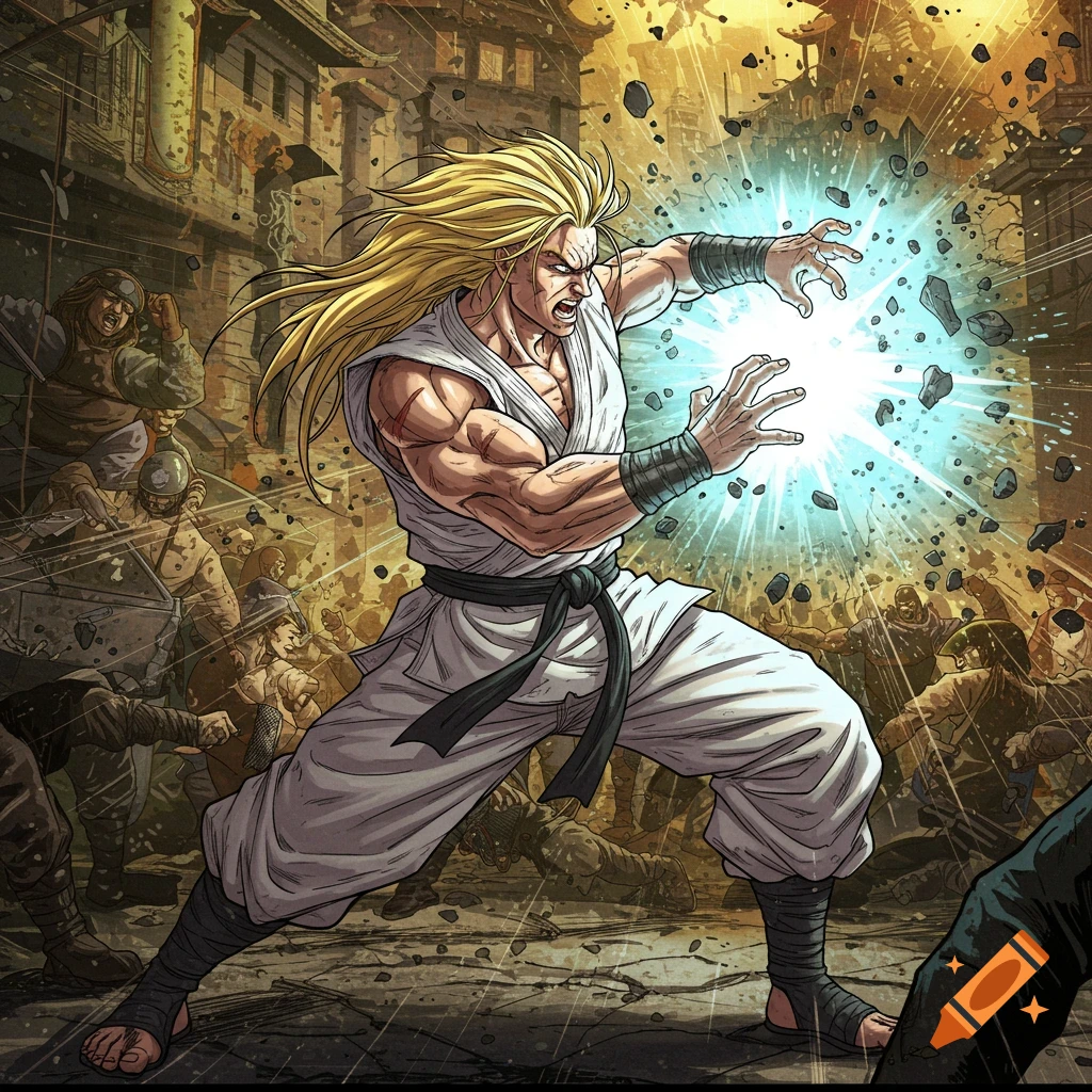 Street fighting monk with light hair doing a Hadouken. on Craiyon