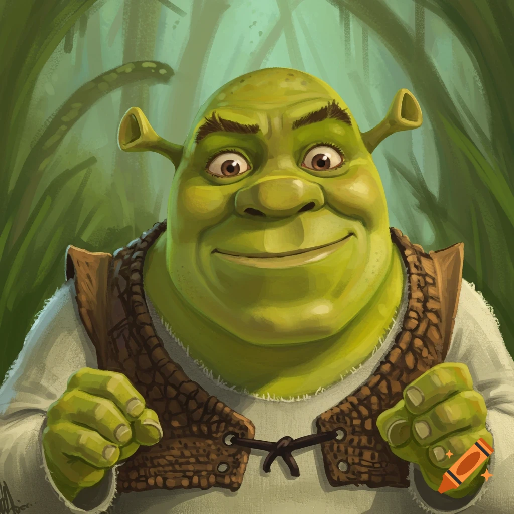 Shrek the ogre kisses Donkey in a fairytale swamp illustration. on Craiyon